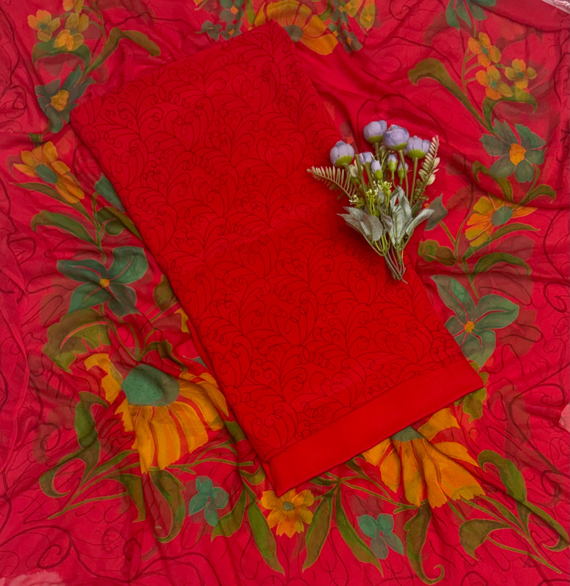 Crepe Red Suit Fabric/ Phoolon Ka Ghar – Studio CKC